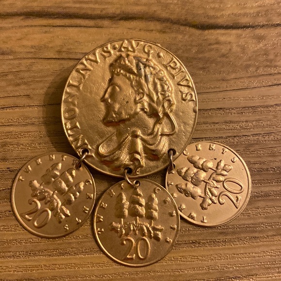 Jewelry | Vintage Coin Brooch With Dangle Coins Brushed Gold Texture ...
